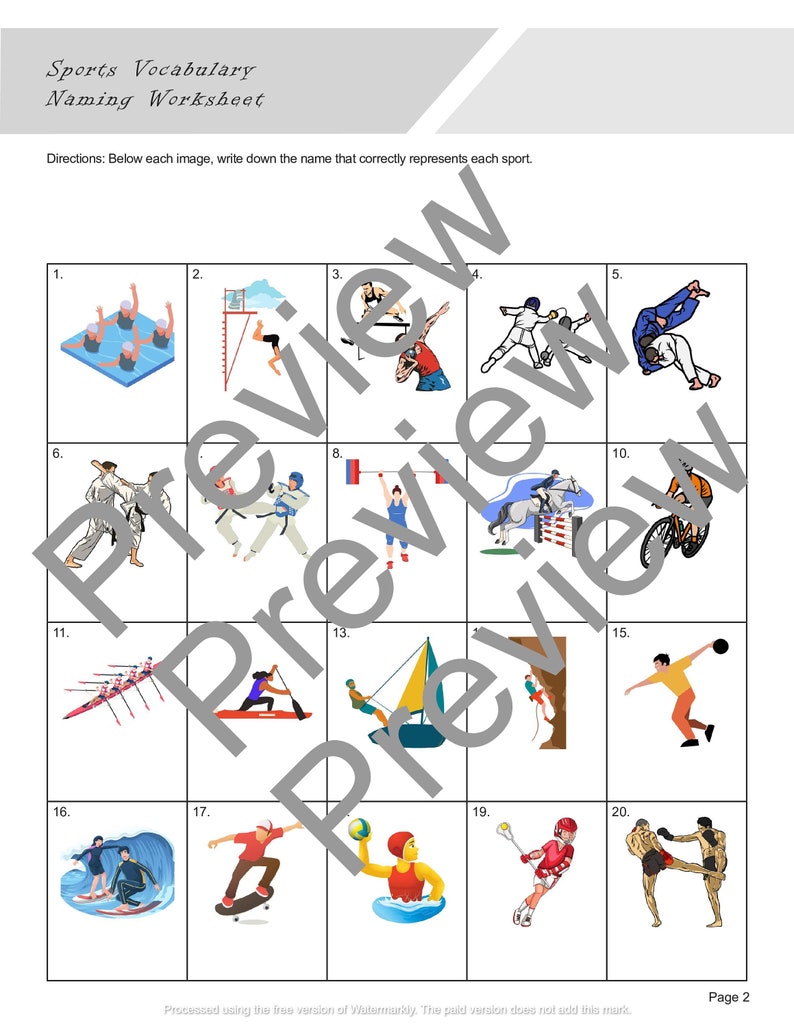 Sports Vocabulary Naming Worksheet for English Learners and English ...