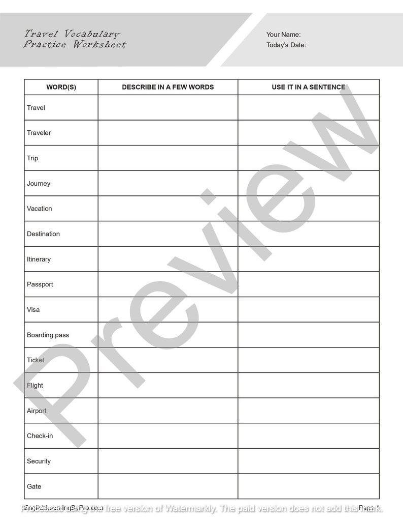 Travel Vocabulary Practice Worksheet for English Learners and English ...