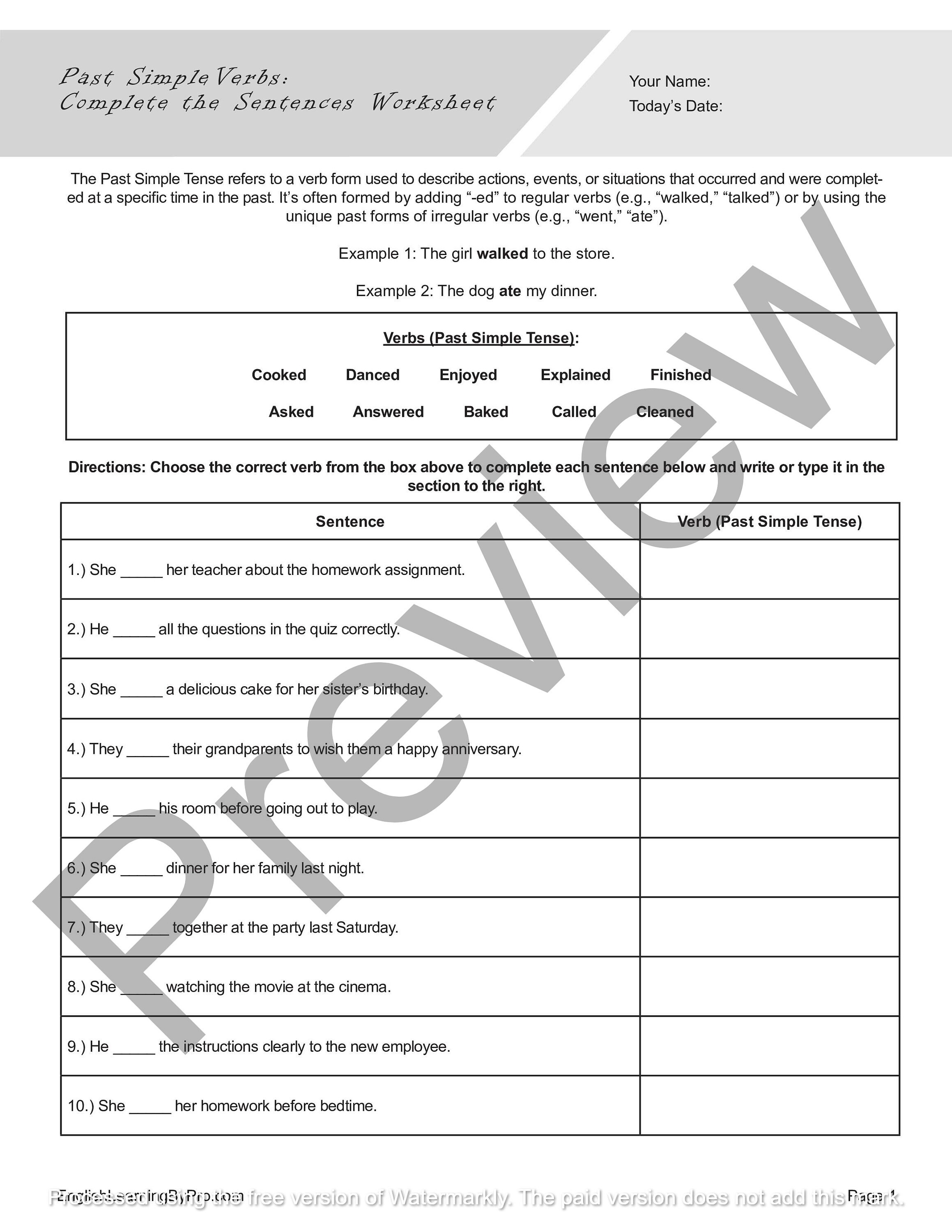 Past Simple Verbs Worksheets Bundle for English Learners and English ...