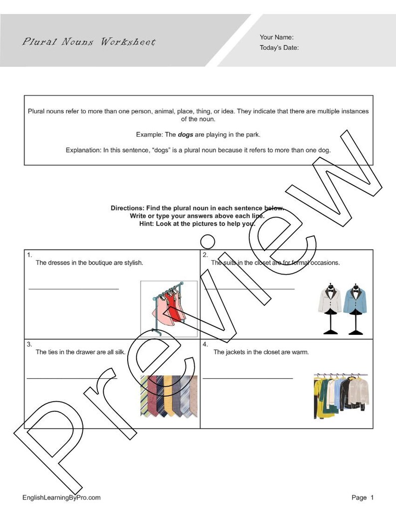 Plural Nouns Worksheets Bundle for English Learners and English ...