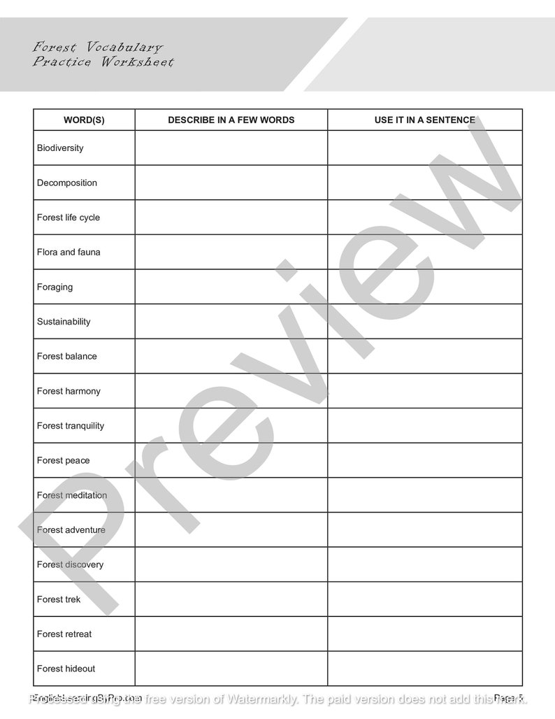 Forest Vocabulary Practice Worksheet for English Learners and English ...