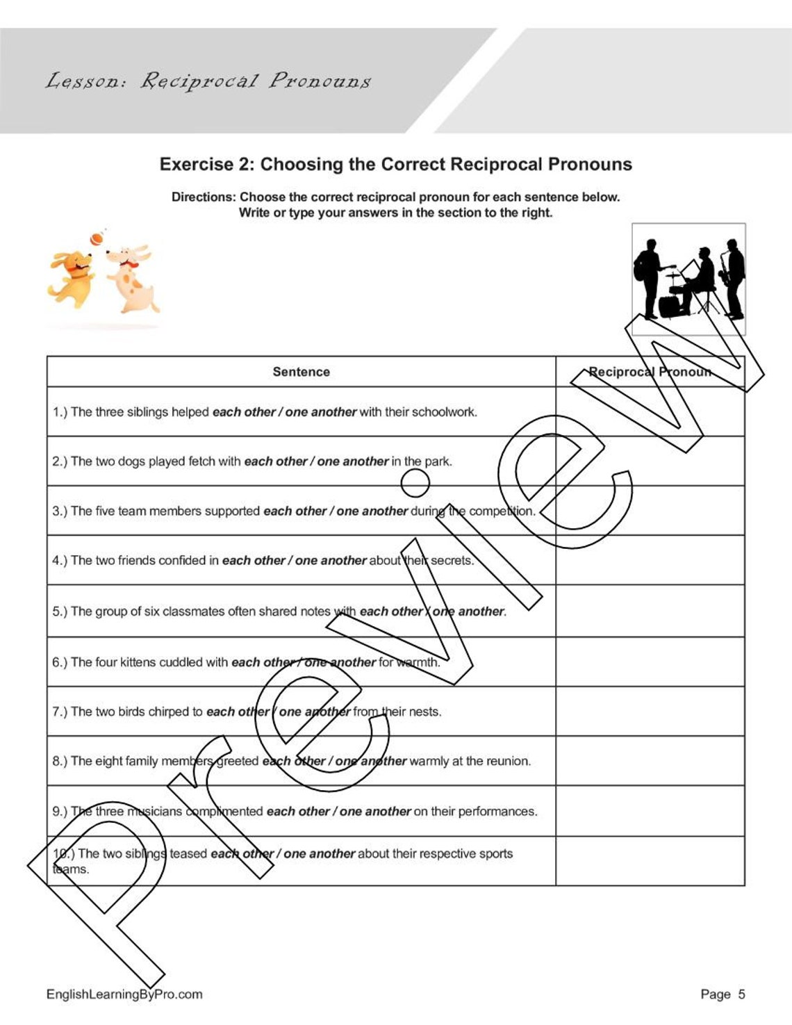 Reciprocal Pronouns Lesson: Introduction + 2 Worksheets (editable ...