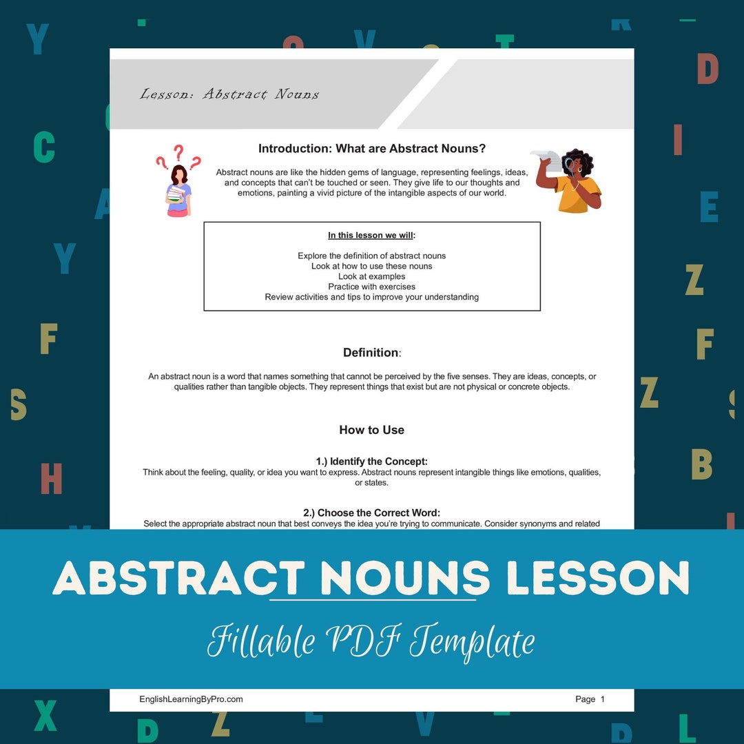 Abstract Nouns Lesson: Introduction + 4 Worksheets (editable, Fillable ...