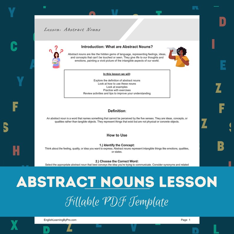 Abstract Nouns Lesson: Introduction + 4 Worksheets (editable, Fillable ...