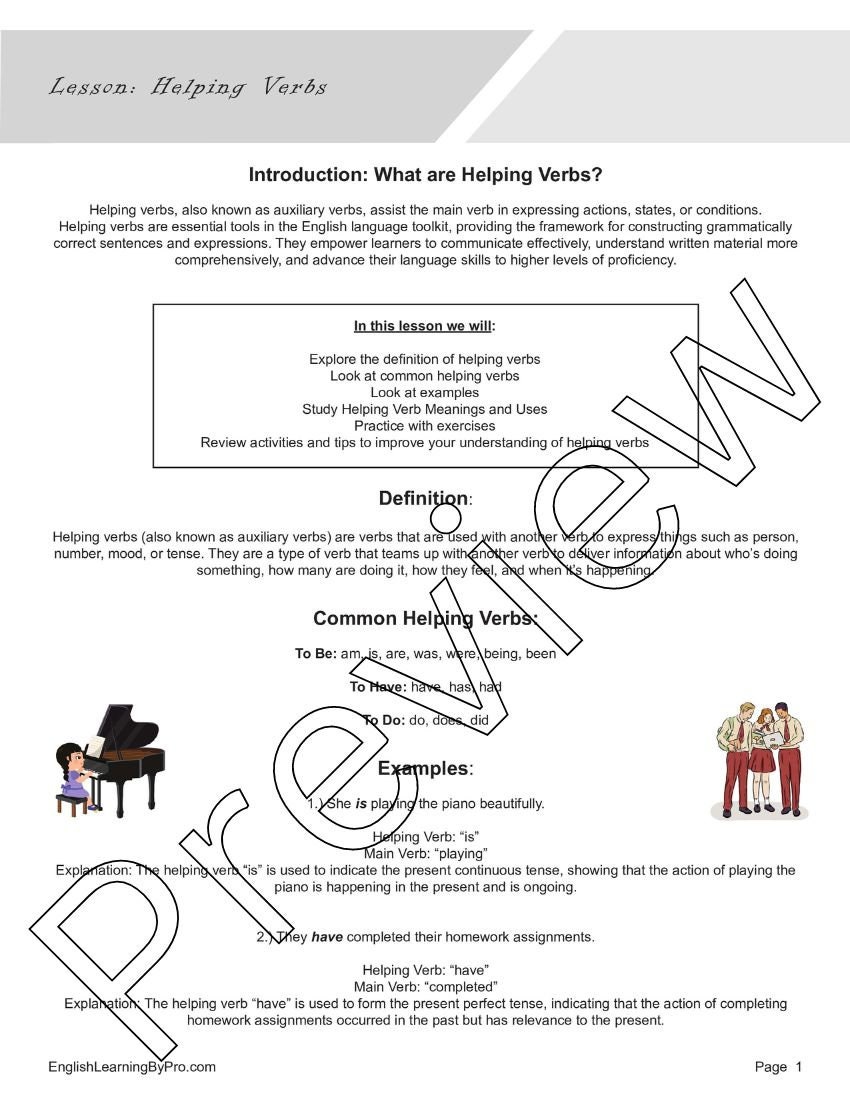 Helping Verbs Lesson: Introduction + 4 Worksheets (editable, Fillable ...