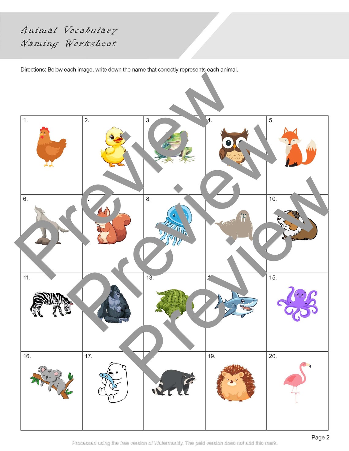 Animal Vocabulary Naming Worksheet for English Learners and English ...