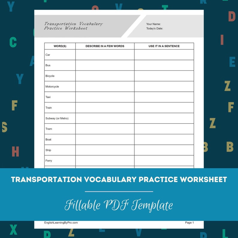 Transportation Vocabulary Practice Worksheet for English Learners and ...