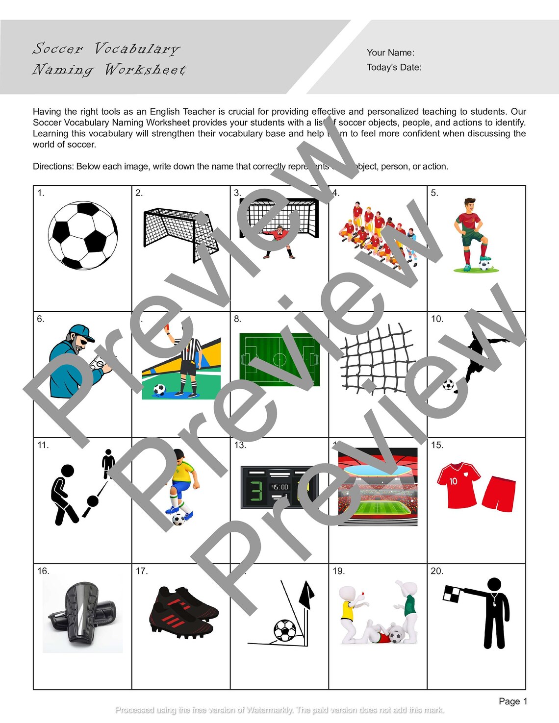 Soccer Vocabulary Naming Worksheet for English Learners and English ...
