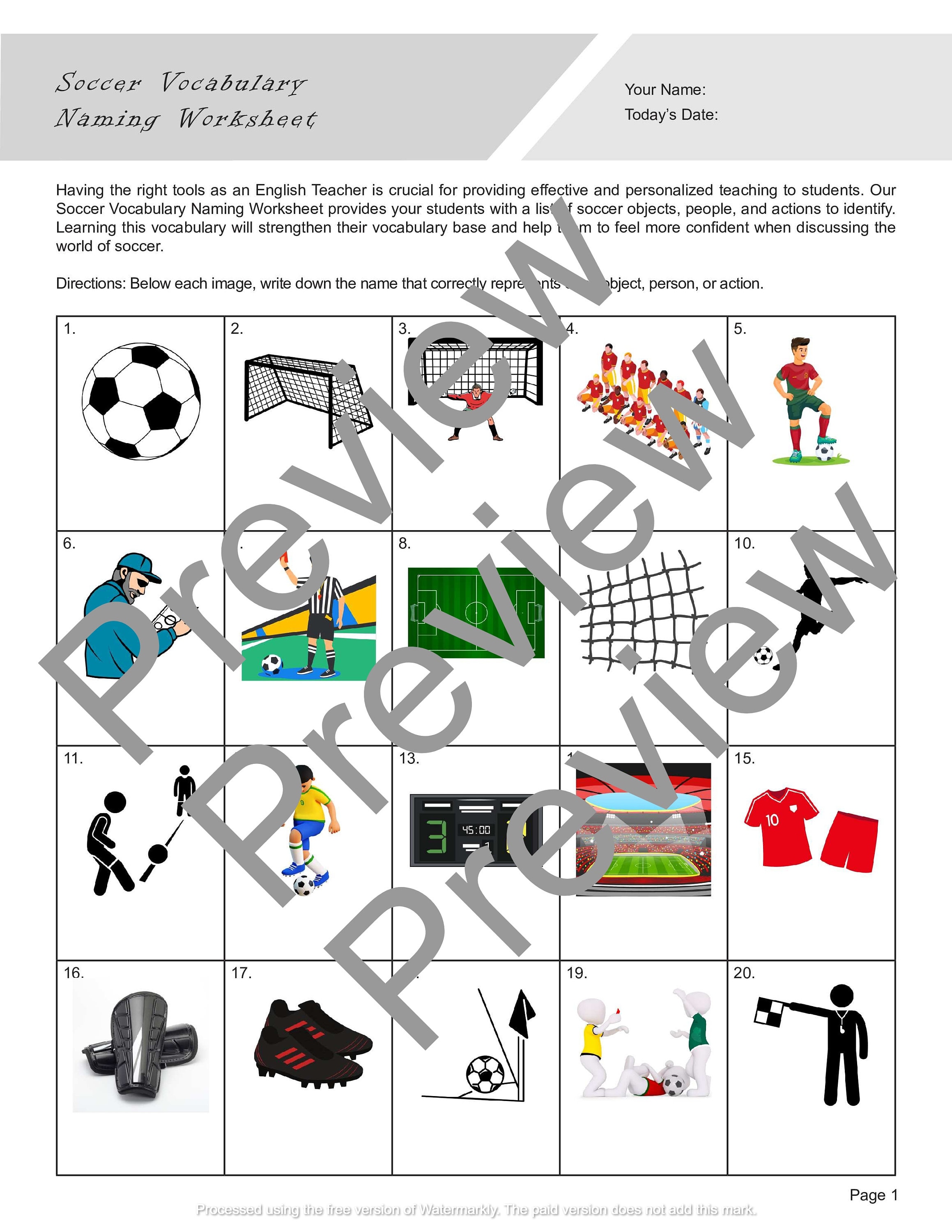 Soccer Vocabulary Naming Worksheet for English Learners and English ...