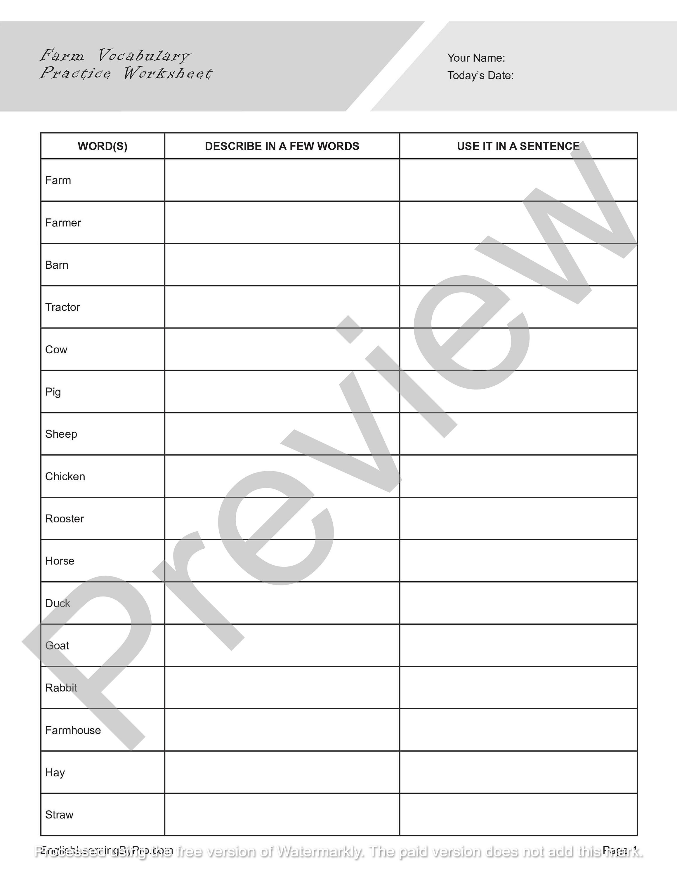 Farm Vocabulary Practice Worksheet for English Learners and English ...