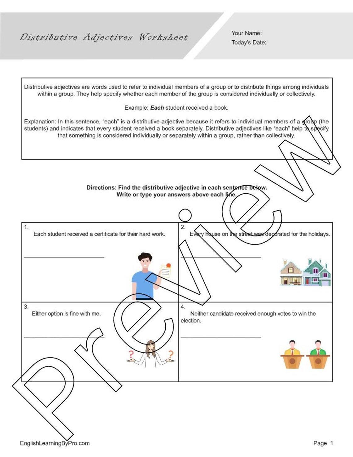 Distributive Adjectives Worksheets Bundle for English Learners and ...