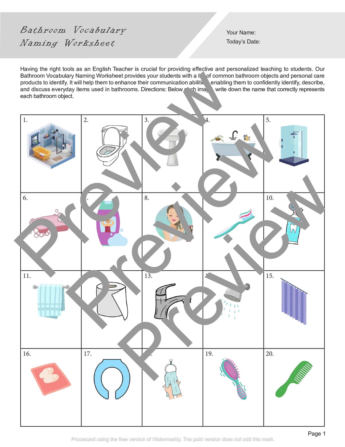 Bathroom Vocabulary Naming Worksheet for English Learners and English ...