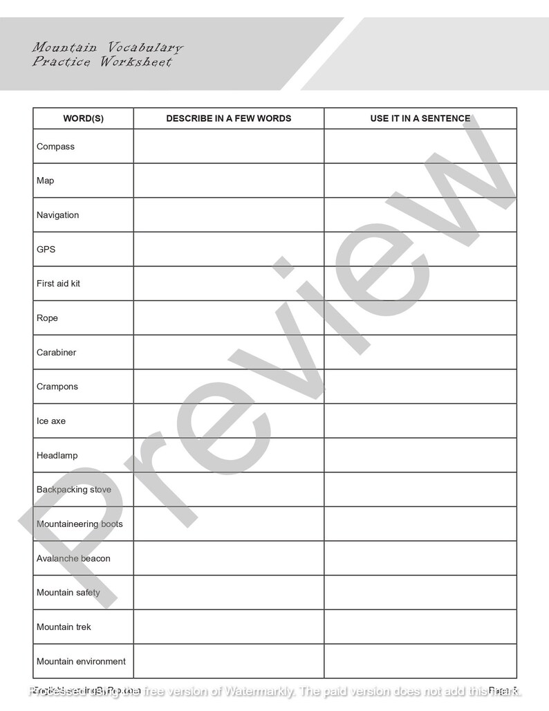 Mountain Vocabulary Practice Worksheet for English Learners and English ...