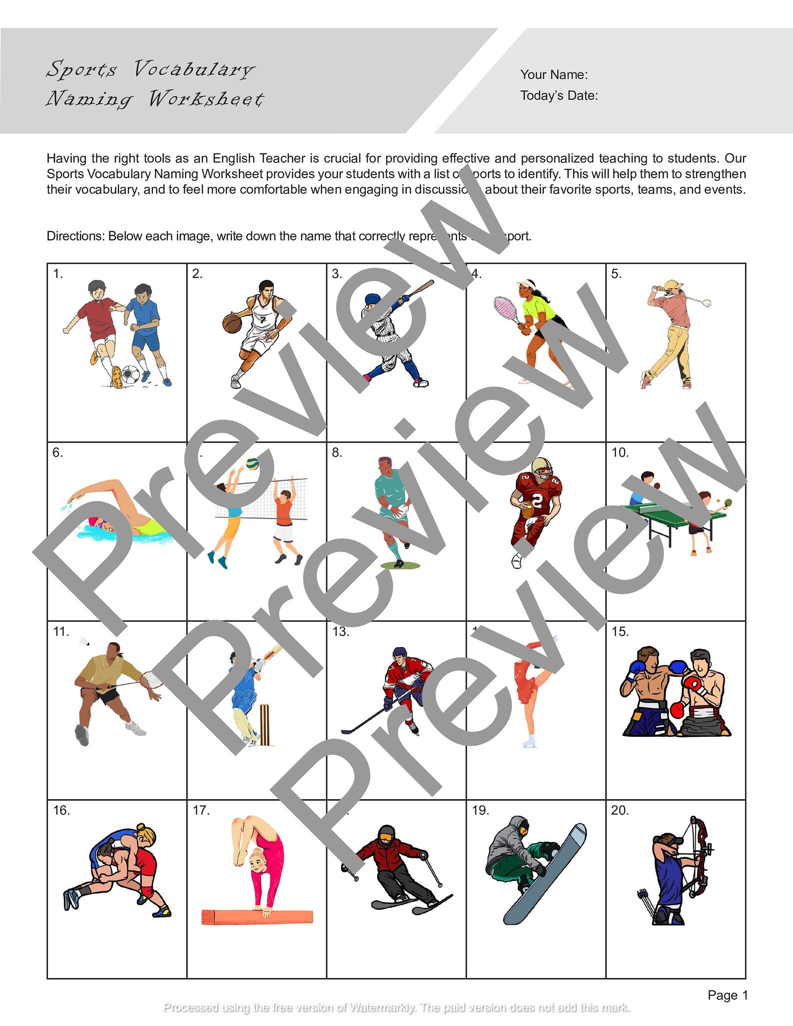 Sports Vocabulary Naming Worksheet for English Learners and English ...