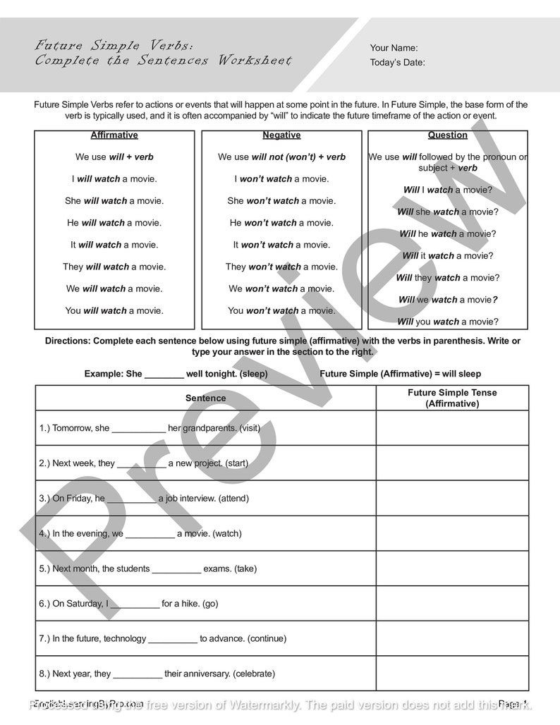 Future Simple Verbs Worksheets Bundle for English Learners and English ...