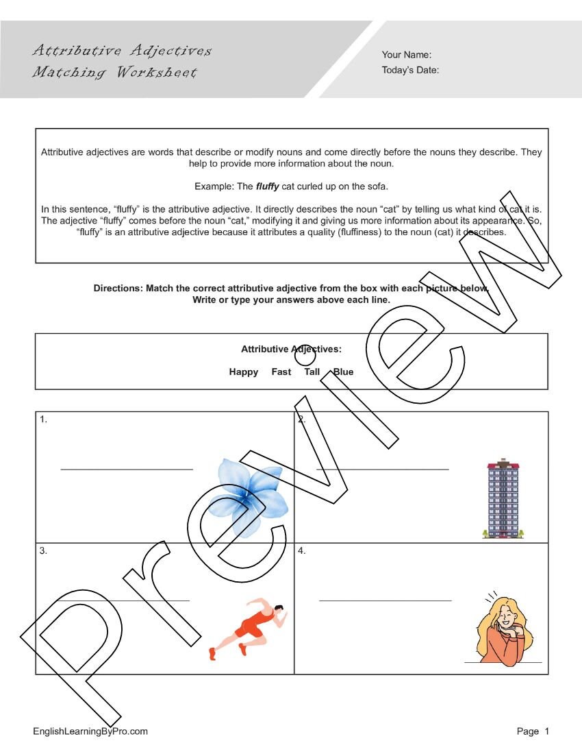 Attributive Adjectives Worksheets Bundle for English Learners and ...
