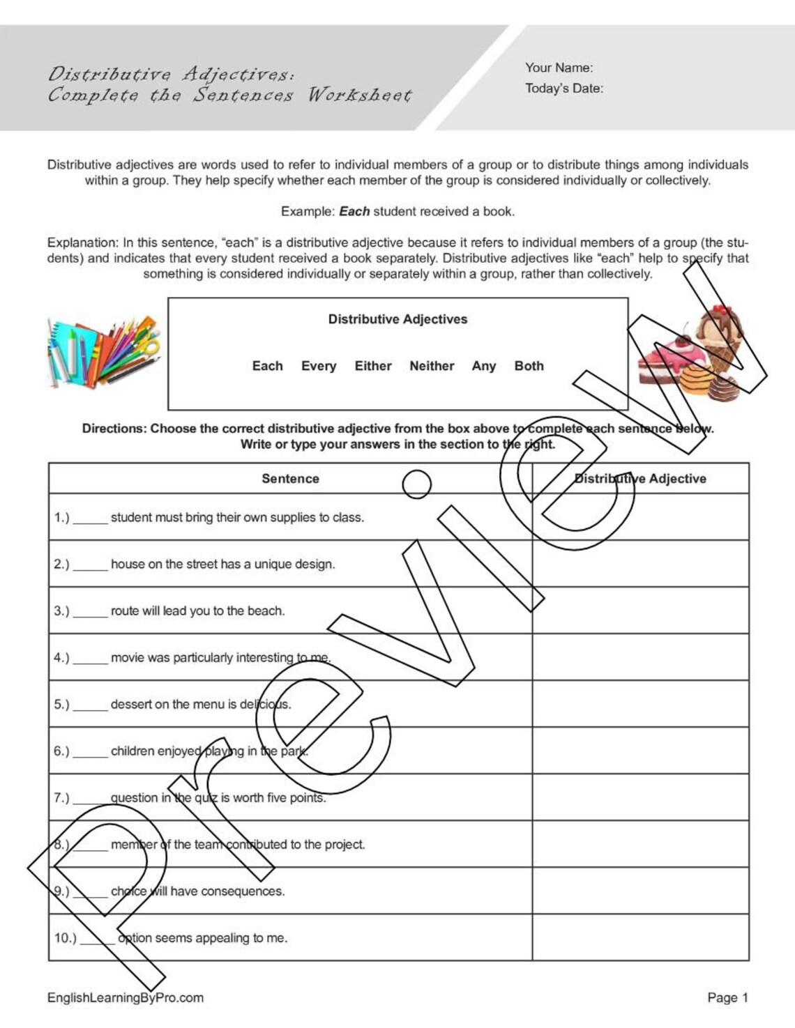 Distributive Adjectives Worksheets Bundle for English Learners and ...