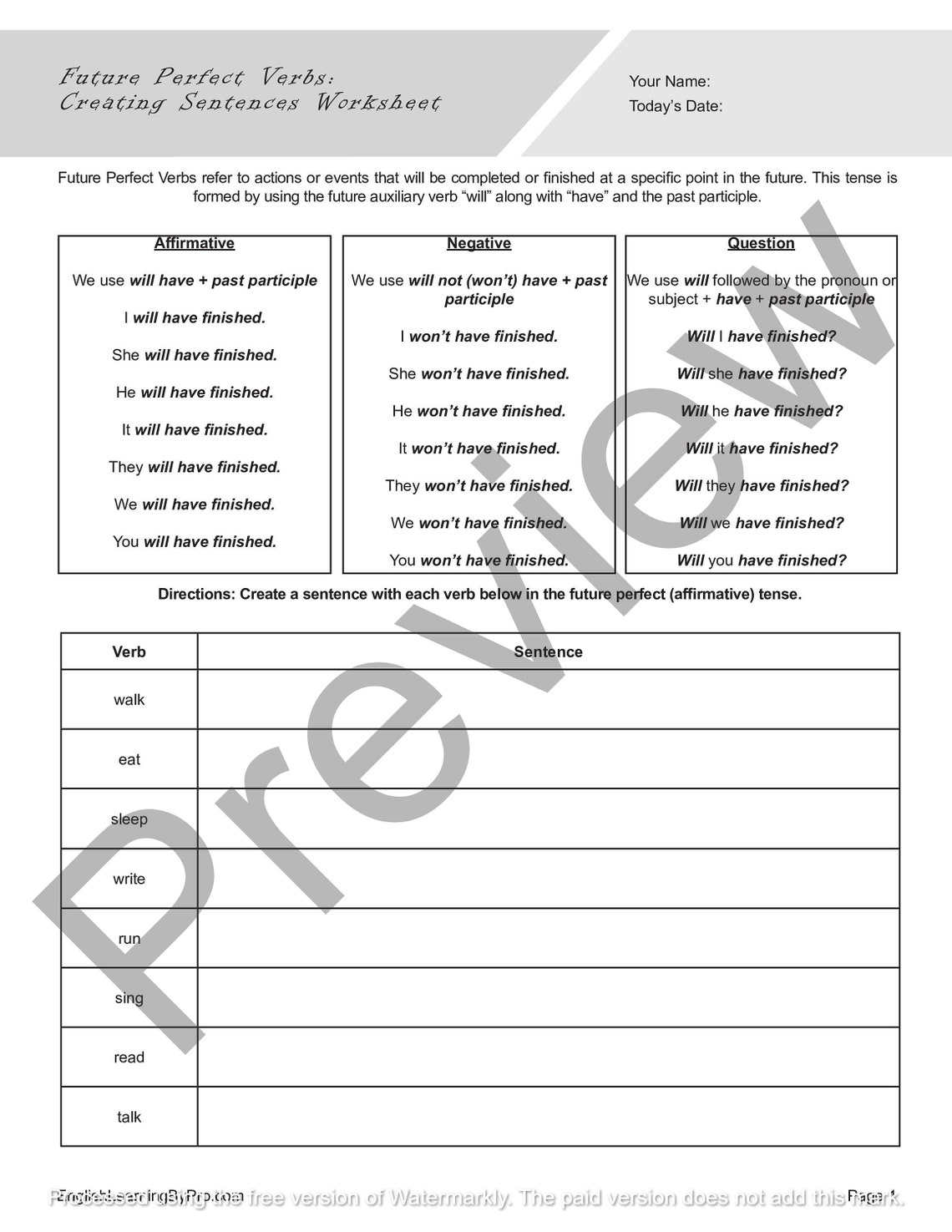 Future Perfect Verbs Worksheets Bundle for English Learners and English ...