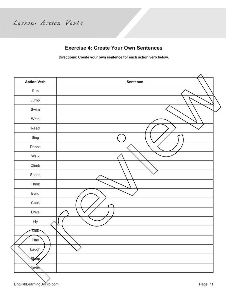 Action Verbs Lesson: Introduction + 4 Worksheets (editable, Fillable ...