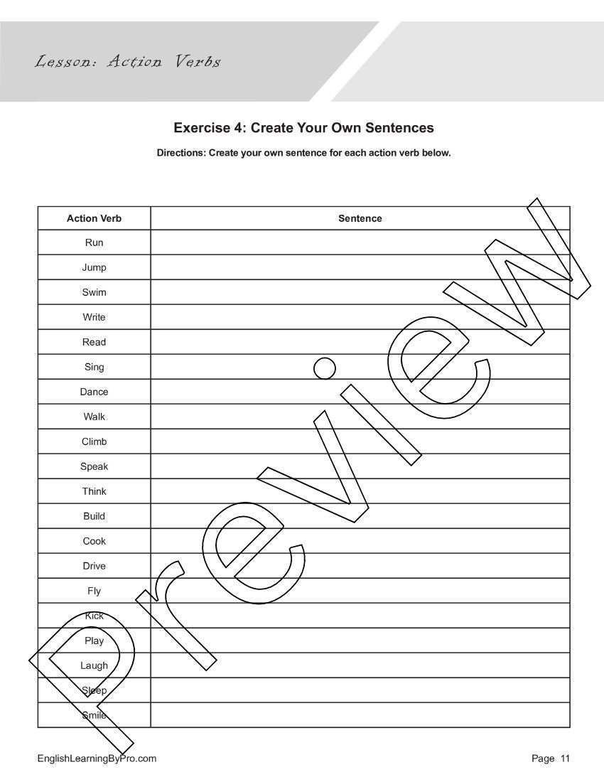 Action Verbs Lesson: Introduction + 4 Worksheets (editable, Fillable ...