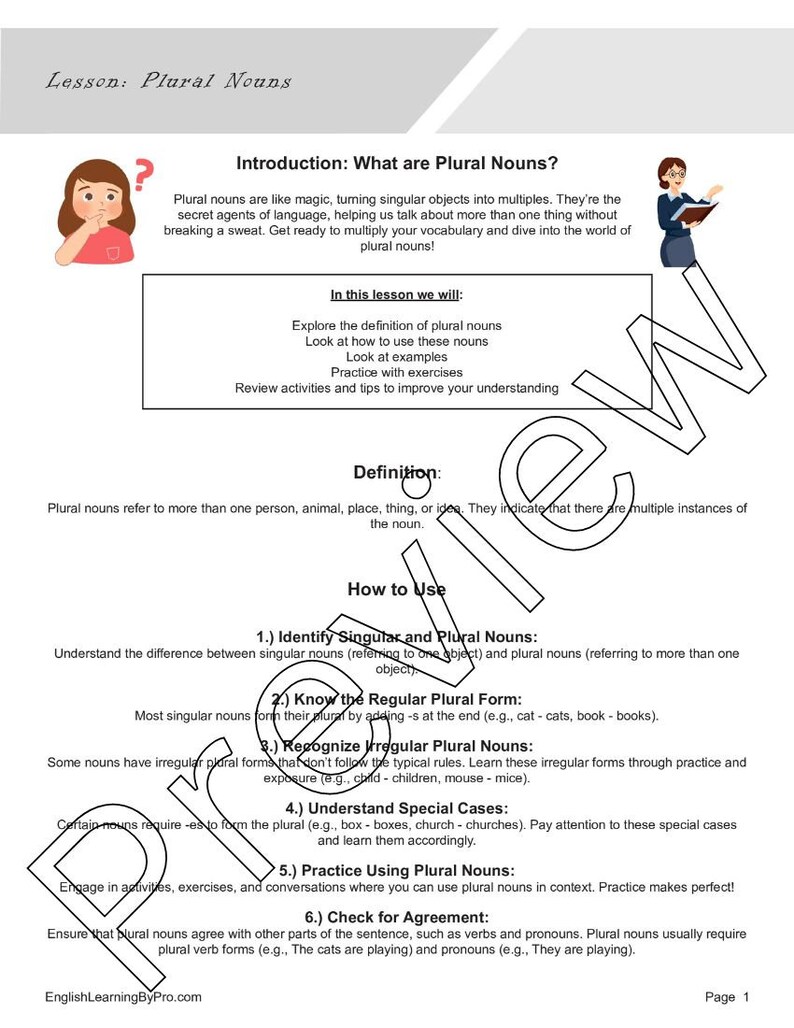 Plural Nouns Lesson: Introduction + 4 Worksheets (editable, Fillable ...