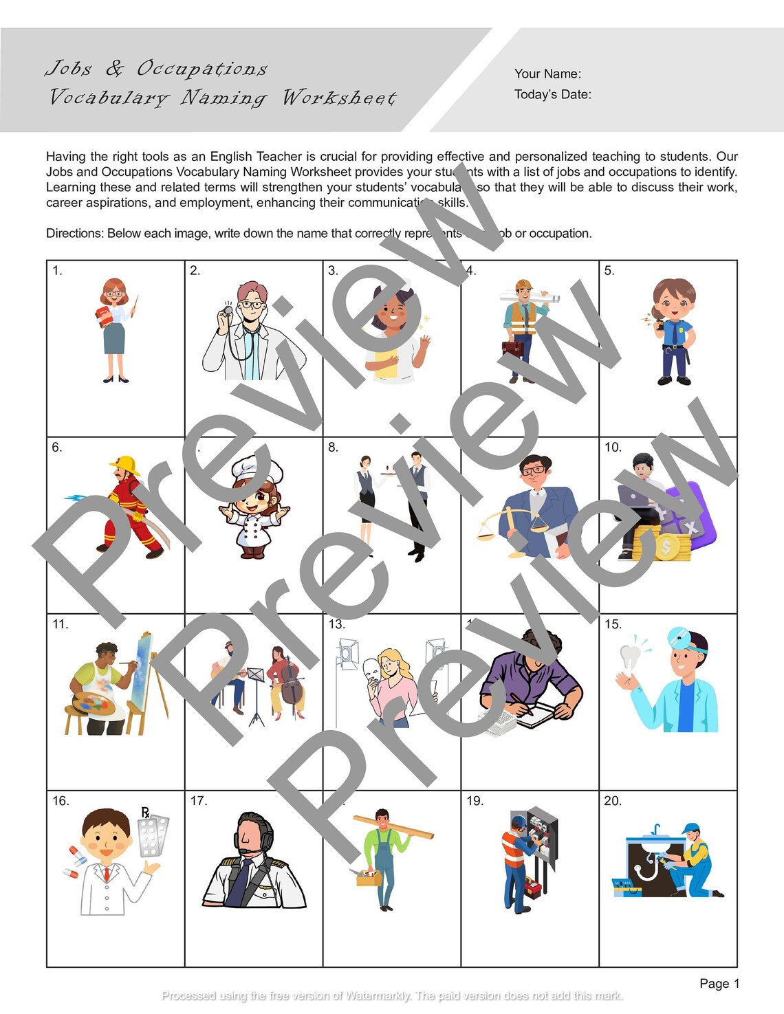Jobs and Occupations Vocabulary Naming Worksheet for English Learners ...