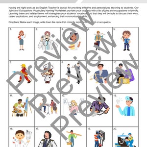 Jobs and Occupations Vocabulary Naming Worksheet for English Learners ...