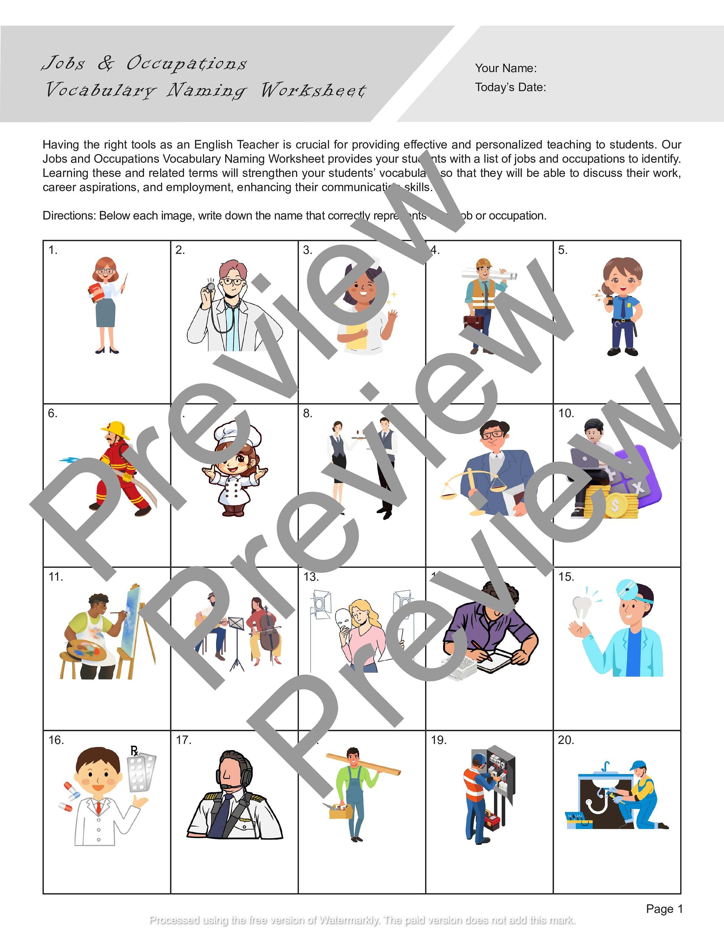 Jobs and Occupations Vocabulary Naming Worksheet for English Learners ...