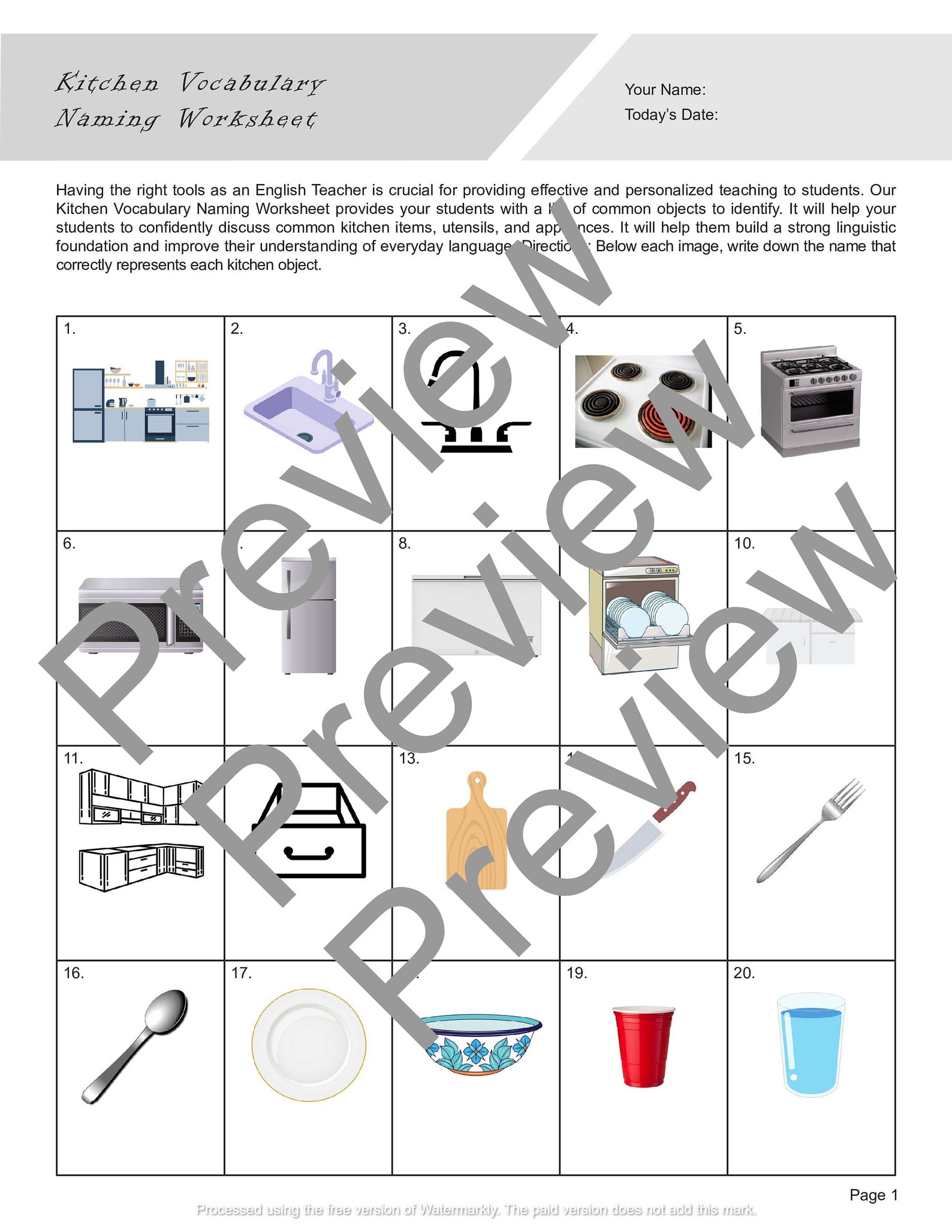 Kitchen Vocabulary Naming Worksheet for English Learners and English ...