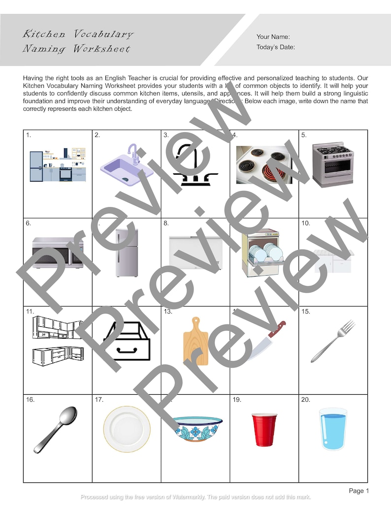 Kitchen Vocabulary Naming Worksheet for English Learners and English ...