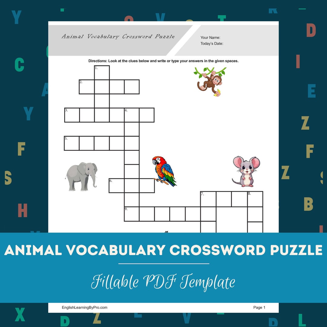 Animal Vocabulary Crossword Puzzle for English Learners and English ...
