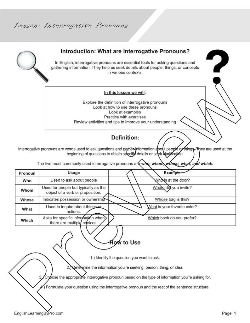 Interrogative Pronouns Lesson: Introduction + 2 Worksheets (editable ...