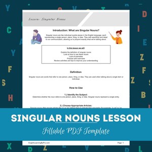 Singular Nouns Lesson: Introduction + 4 Worksheets (editable, Fillable ...