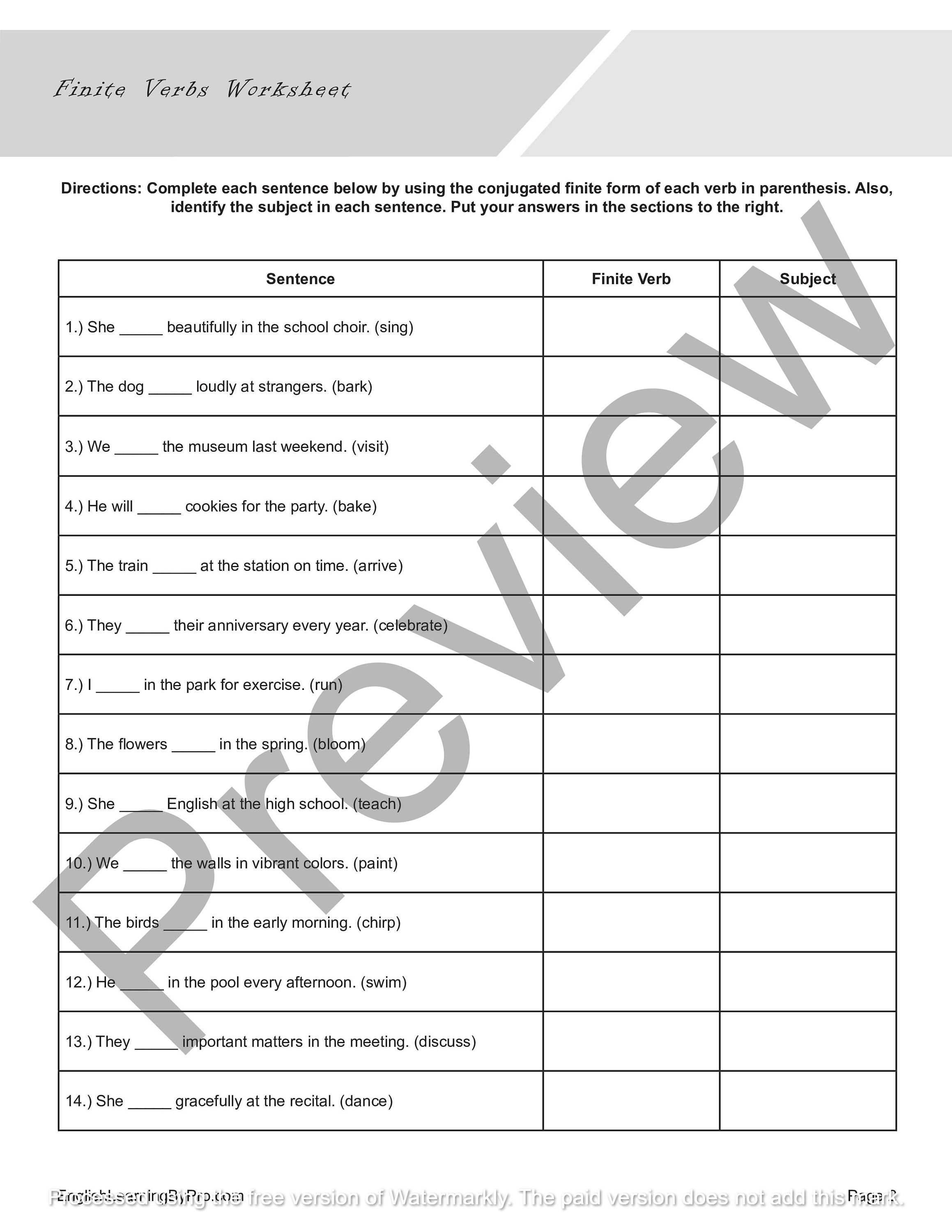Finite Verbs Worksheet for English Learners and English Teachers ...