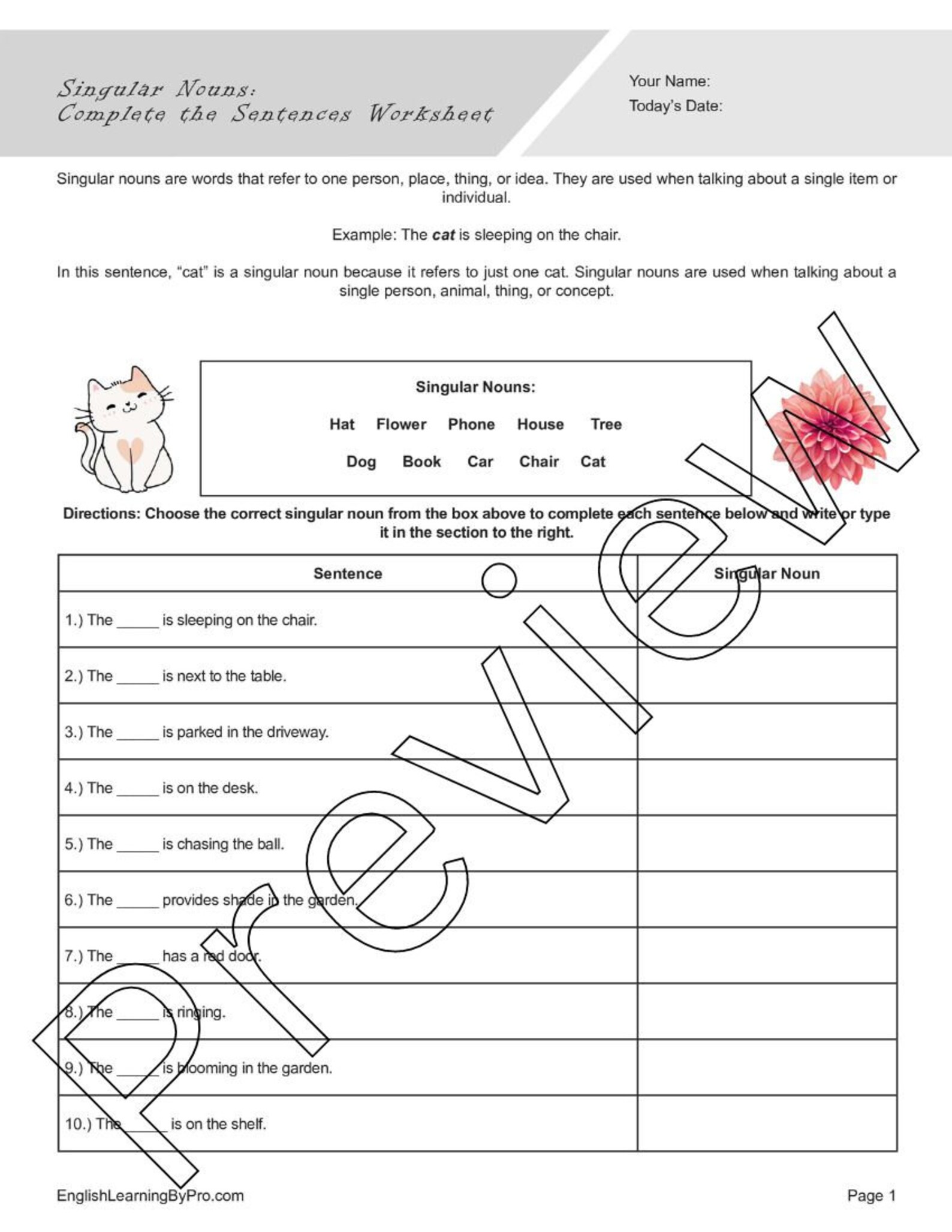 Singular Nouns Worksheets Bundle for English Learners and English ...