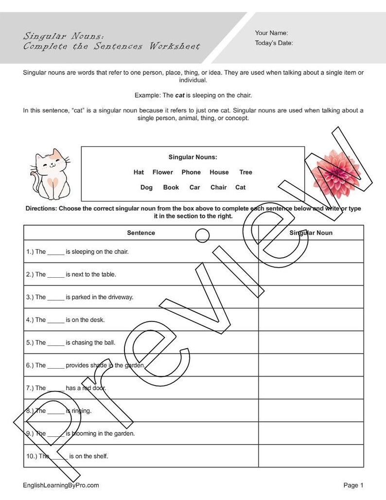 Singular Nouns Worksheets Bundle for English Learners and English ...