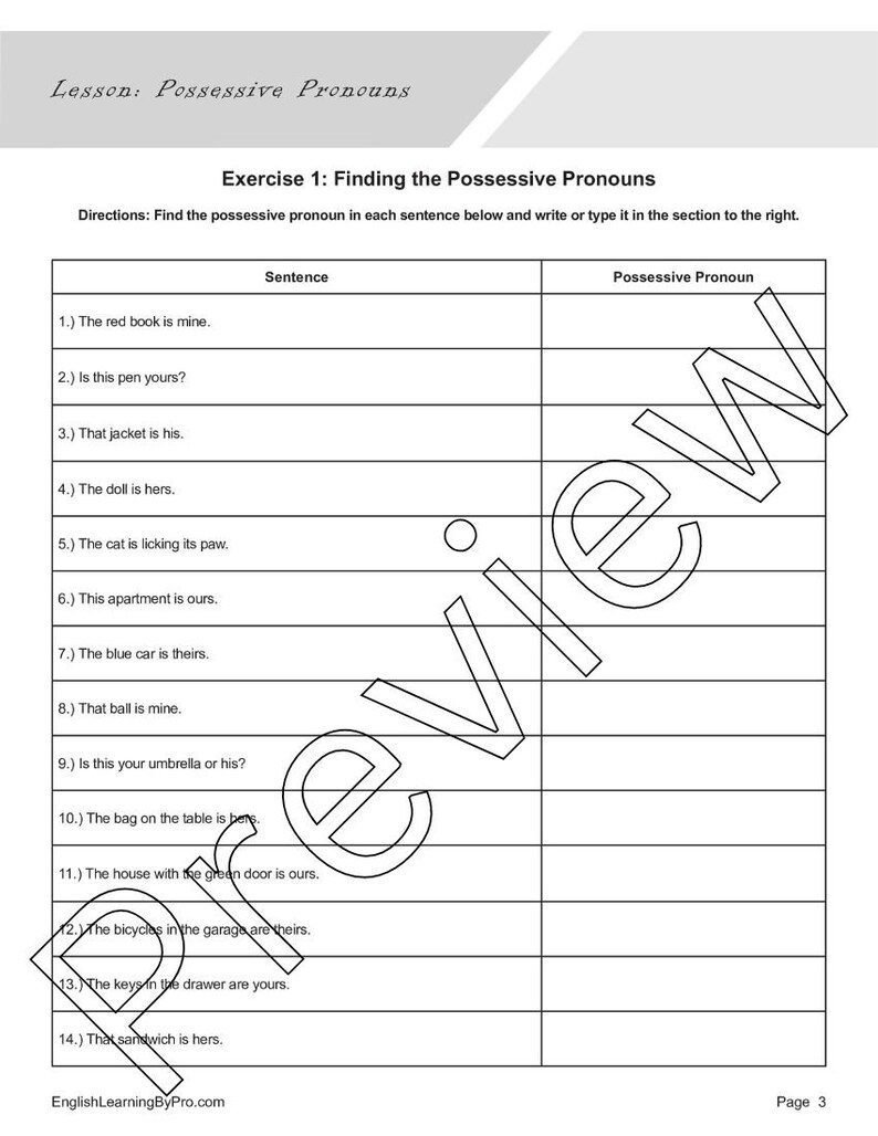 Possessive Pronouns Lesson: Introduction + 3 Worksheets (editable ...