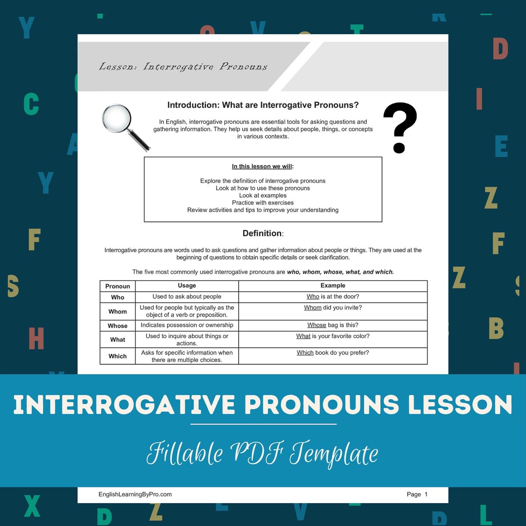 Interrogative Pronouns Lesson: Introduction + 2 Worksheets (editable ...