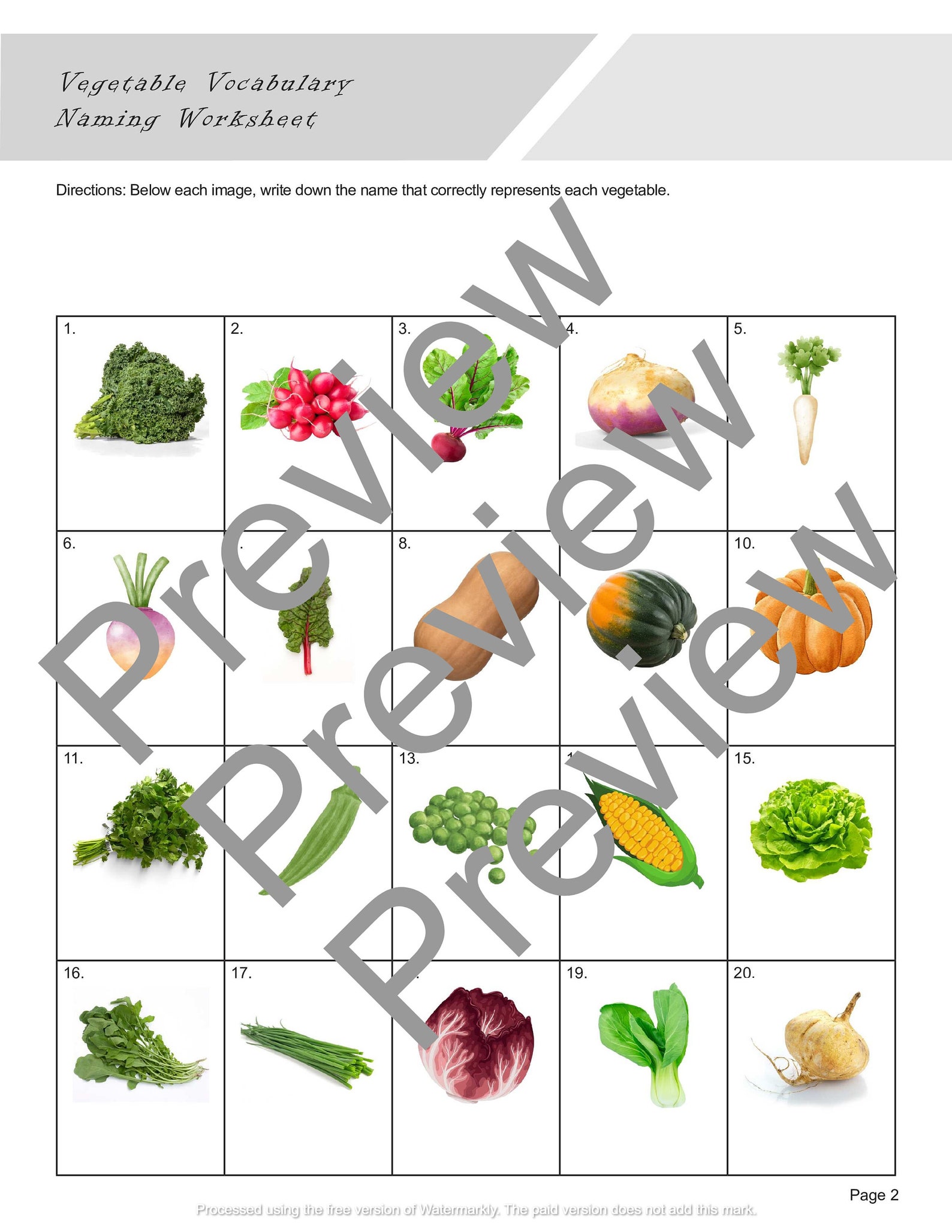 Vegetable Vocabulary Naming Worksheet for English Learners and English ...