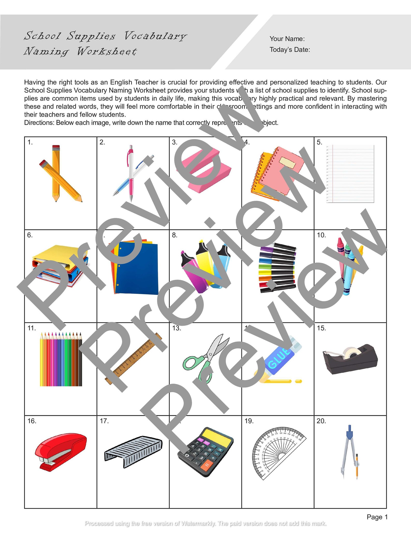 School Supplies Vocabulary Naming Worksheet for English Learners and ...