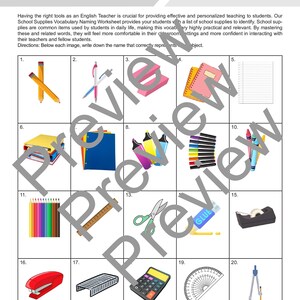 School Supplies Vocabulary Naming Worksheet for English Learners and ...
