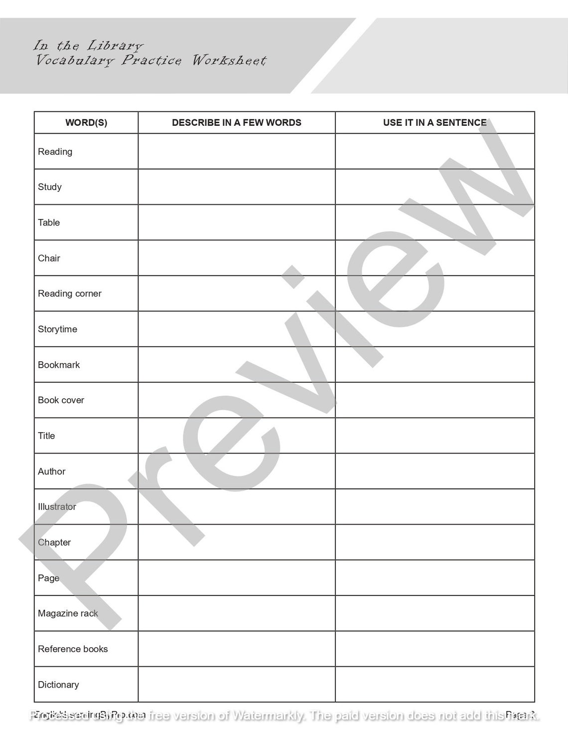 Library Vocabulary Practice Worksheet for English Learners and English ...