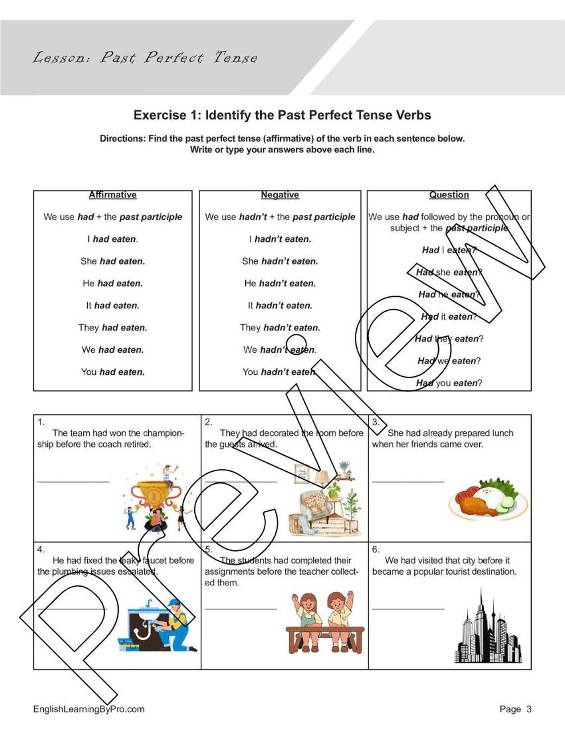Past Perfect Tense Verbs Lesson: Introduction + 3 Worksheets (editable ...
