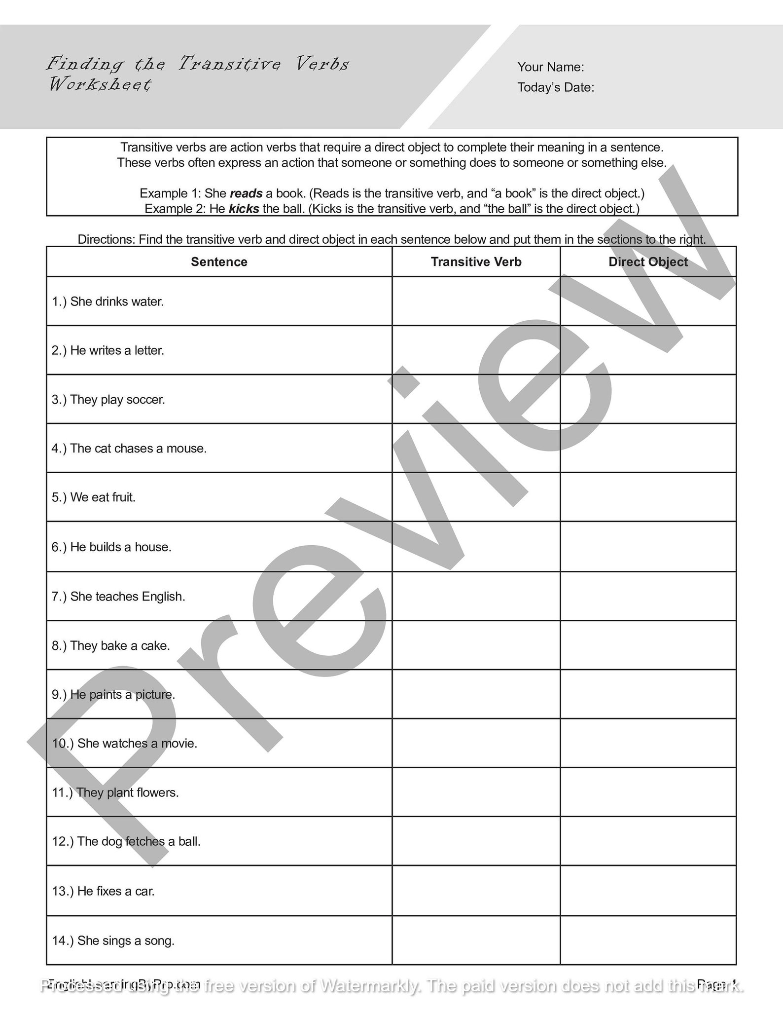 Transitive Verbs Worksheets Bundle for English Learners and English ...