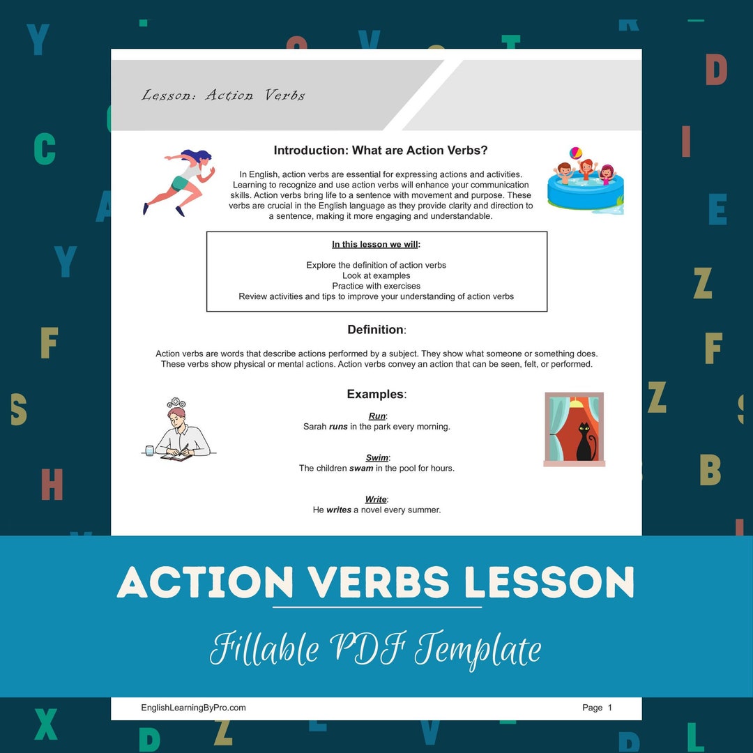 Action Verbs Lesson: Introduction + 4 Worksheets (editable, Fillable ...