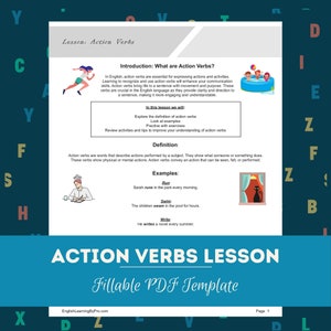 Action Verbs Lesson: Introduction + 4 Worksheets (editable, Fillable ...