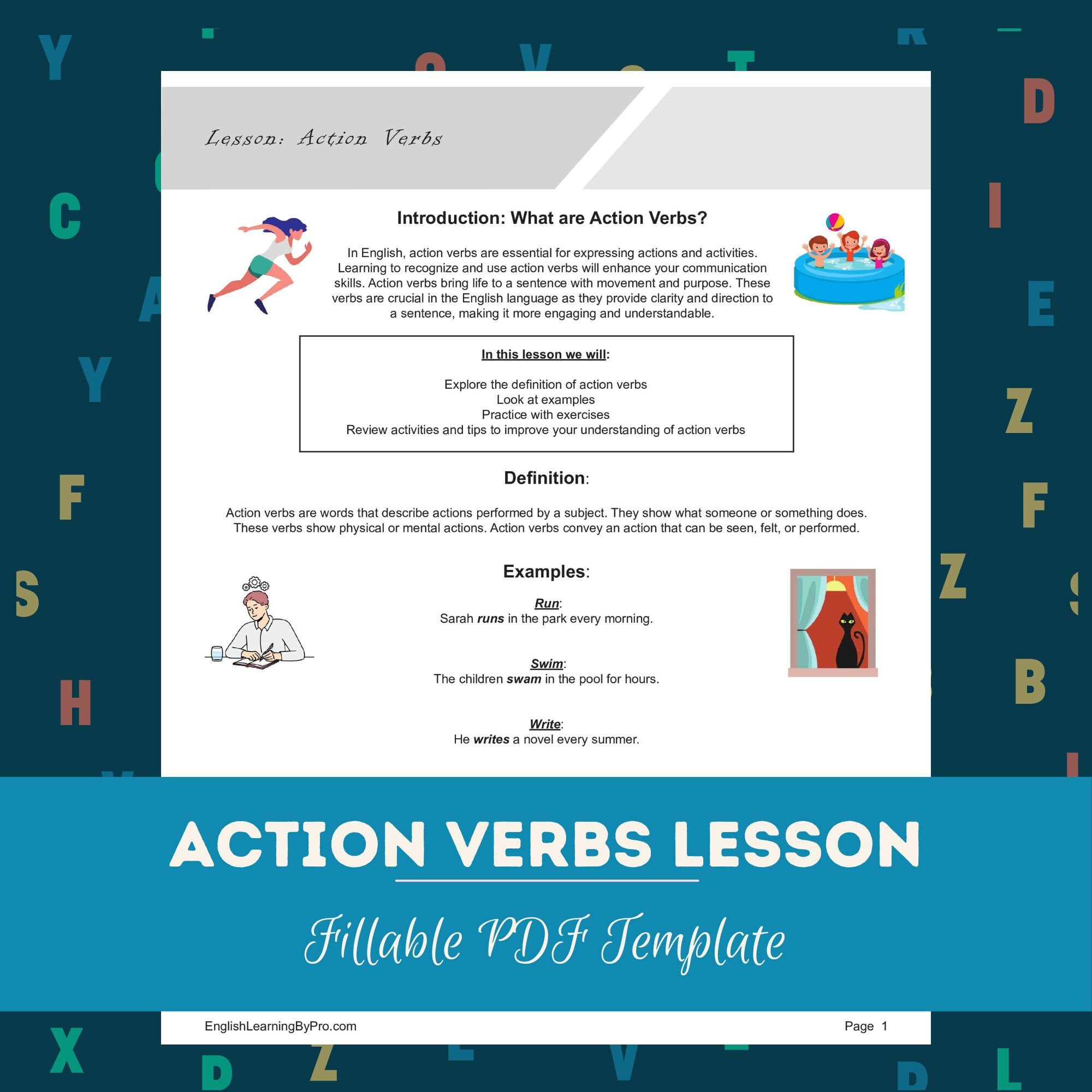 Action Verbs Lesson: Introduction + 4 Worksheets (editable, Fillable ...