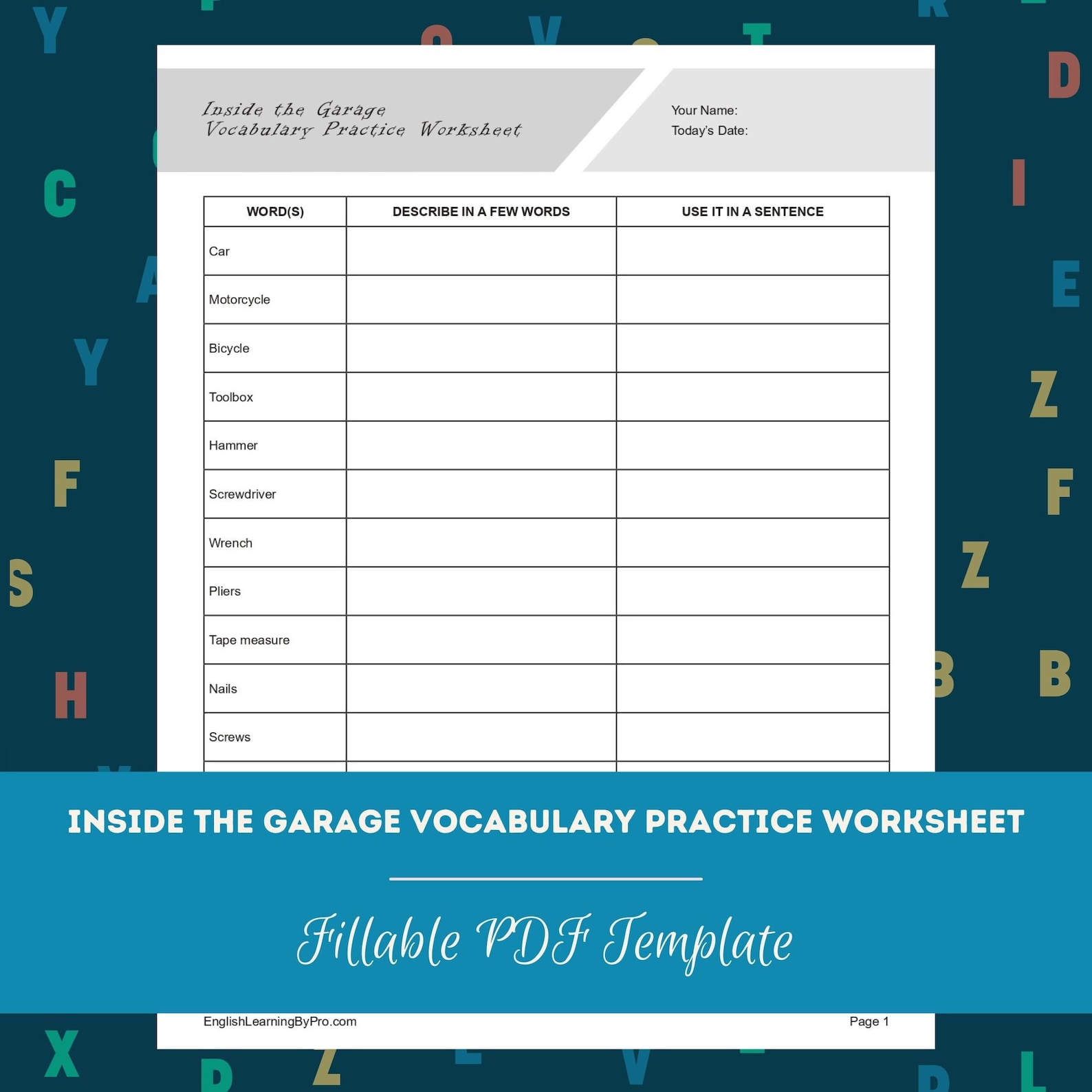 Inside the Garage Vocabulary Worksheet for English Learners and English ...