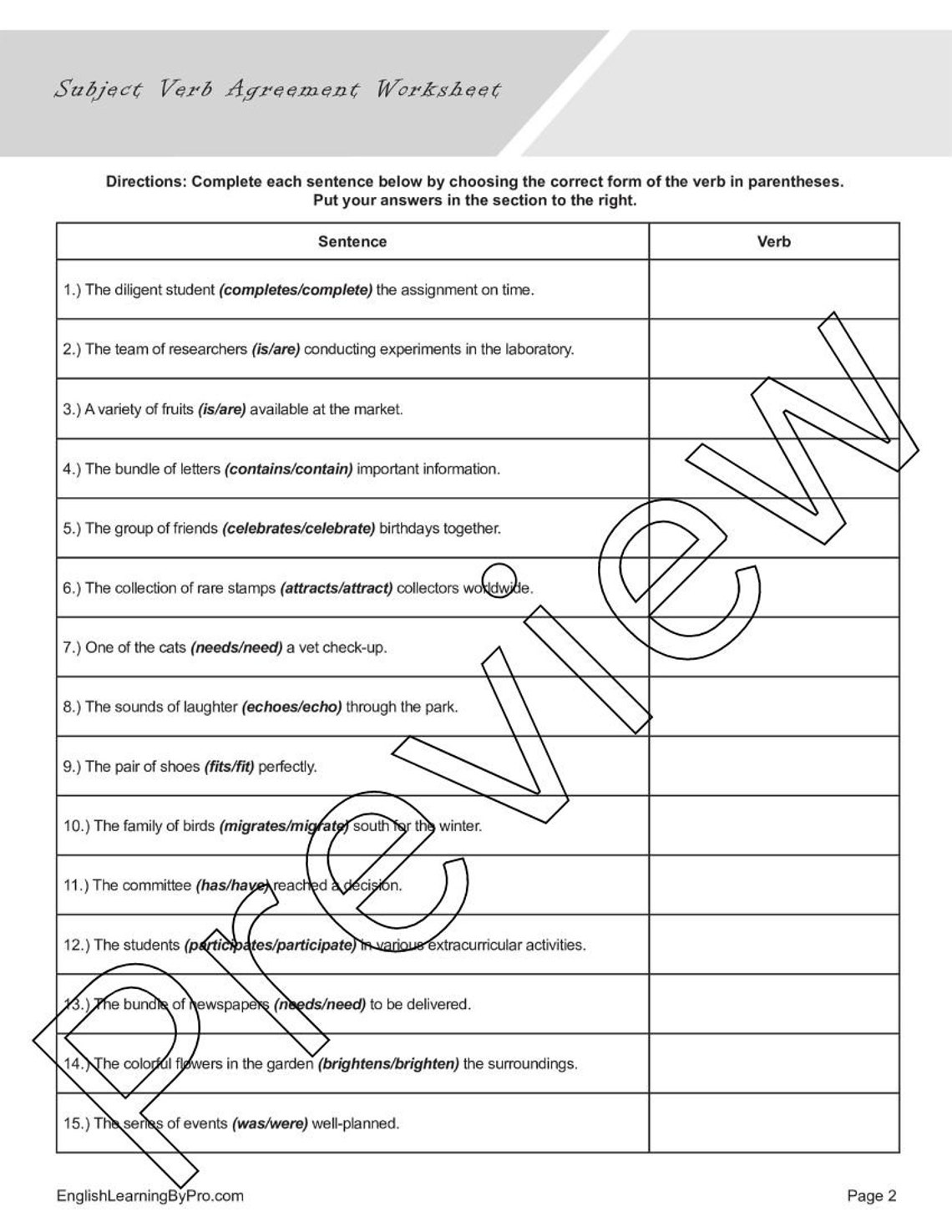 Subject Verb Agreement Worksheets for English Learners and English ...