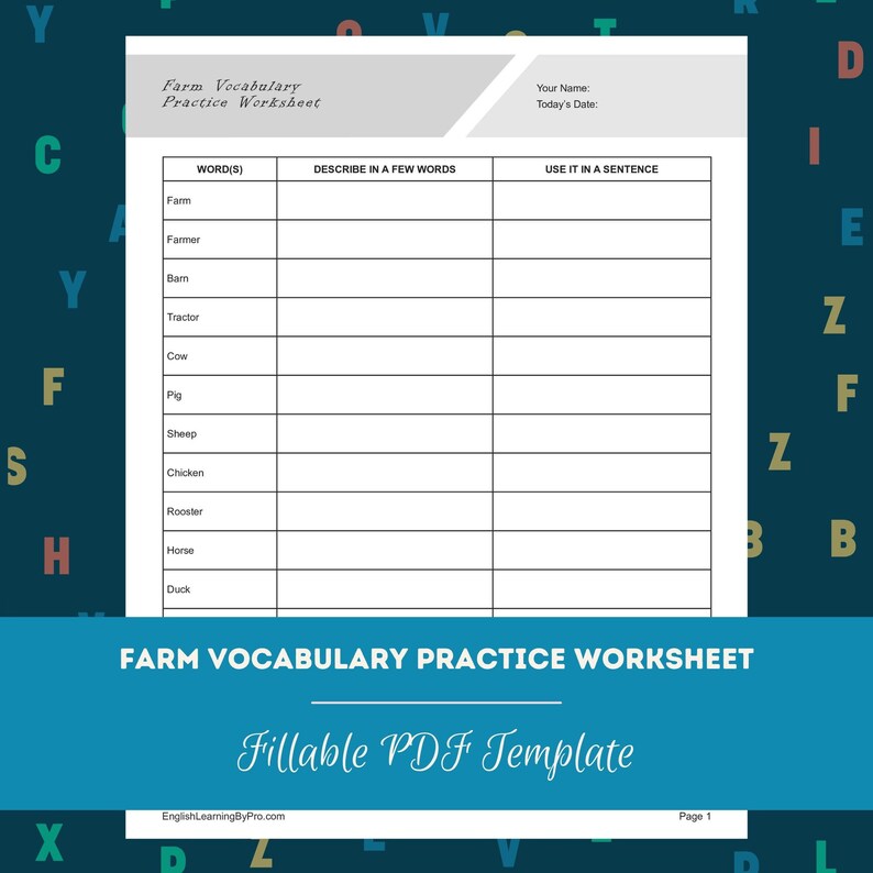 Farm Vocabulary Practice Worksheet for English Learners and English ...